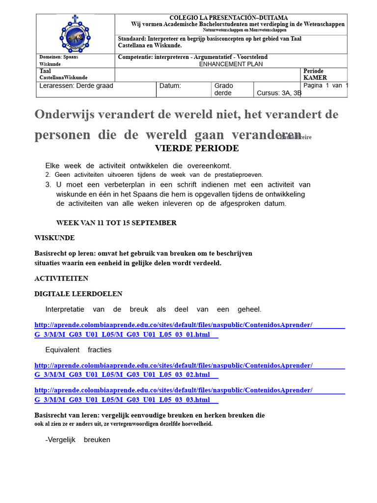 Verbeterplan Wiskunde en Taal, Vierde Periode. | PDF