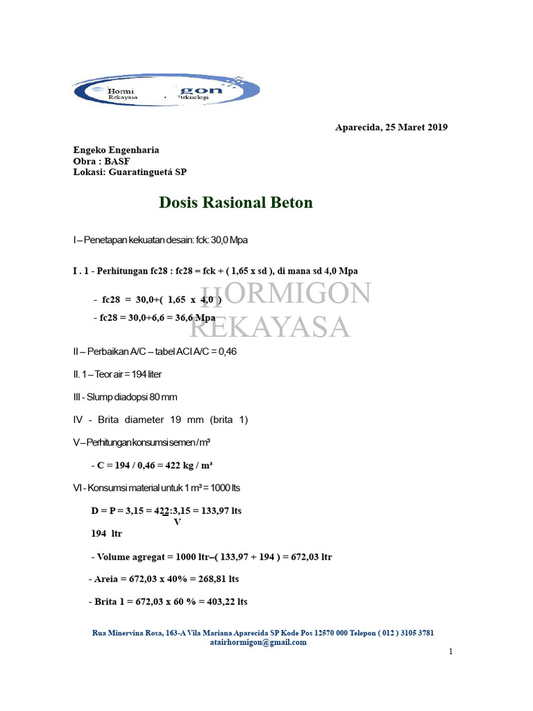 Dosis Rasional Beton Fck 30 Mpa Guaratinguetá | PDF
