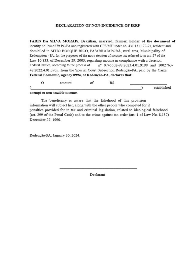 Declaration of Non-Incidence of Withholding Income Tax | PDF