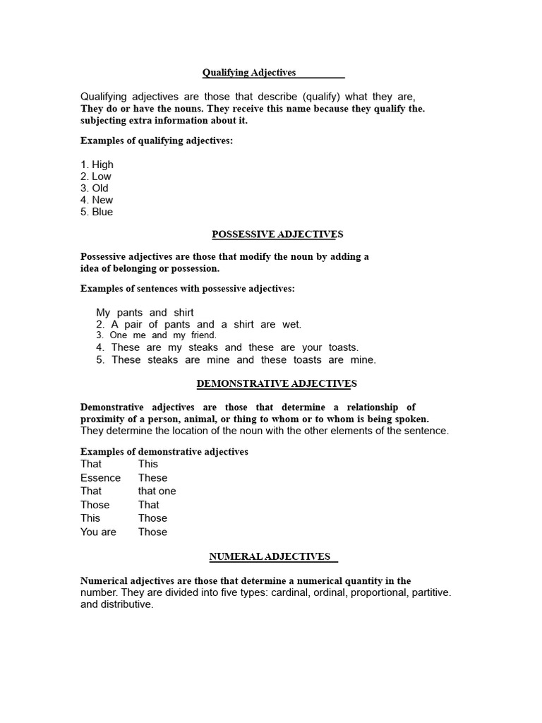 Qualifying Adjectives, Possessive, Demonstrative, Numerical, Indefinite ...