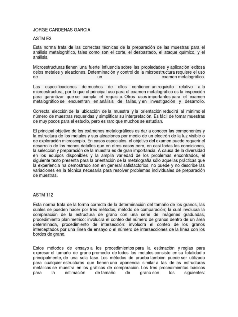 Jorge Cardenas Garcia Astm E3-Astm E112 - Astm E7 | PDF | Science ...