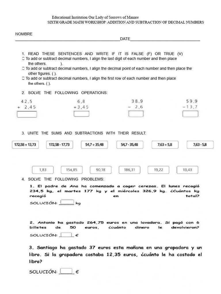 SUMAY WORKSHOP SUBTRACTION OF DECIMALS Sixth Grade | PDF
