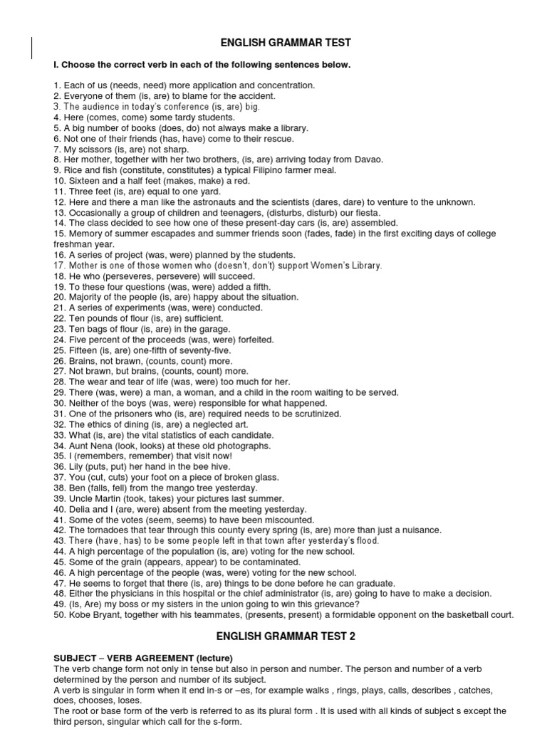 English Grammar Test: Subject-Verb Agreement | PDF | Grammatical Number ...