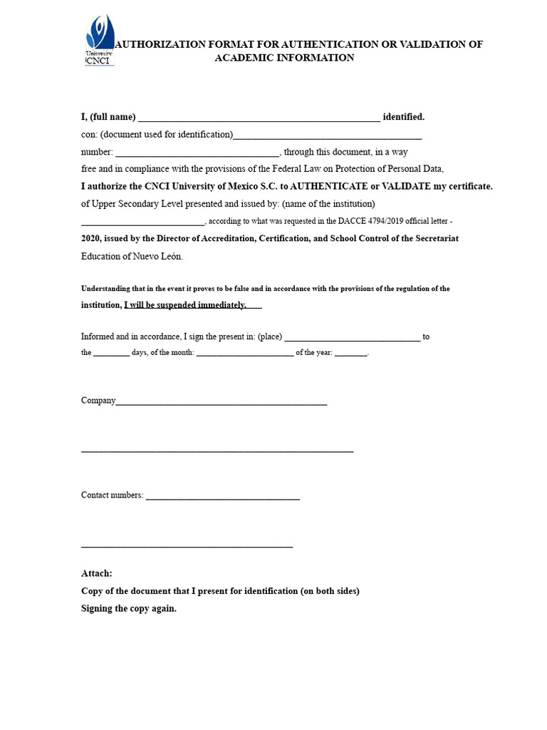 Authorization Format For Validation of Academic Information | PDF