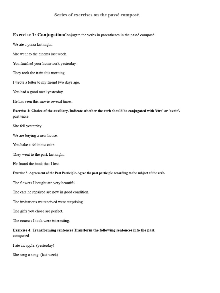 Series of Exercises On The Passé Composé. (Series 1) | PDF