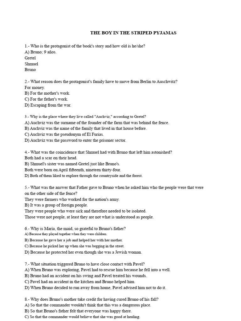 The Boy in the Striped Pyjamas Quiz | PDF