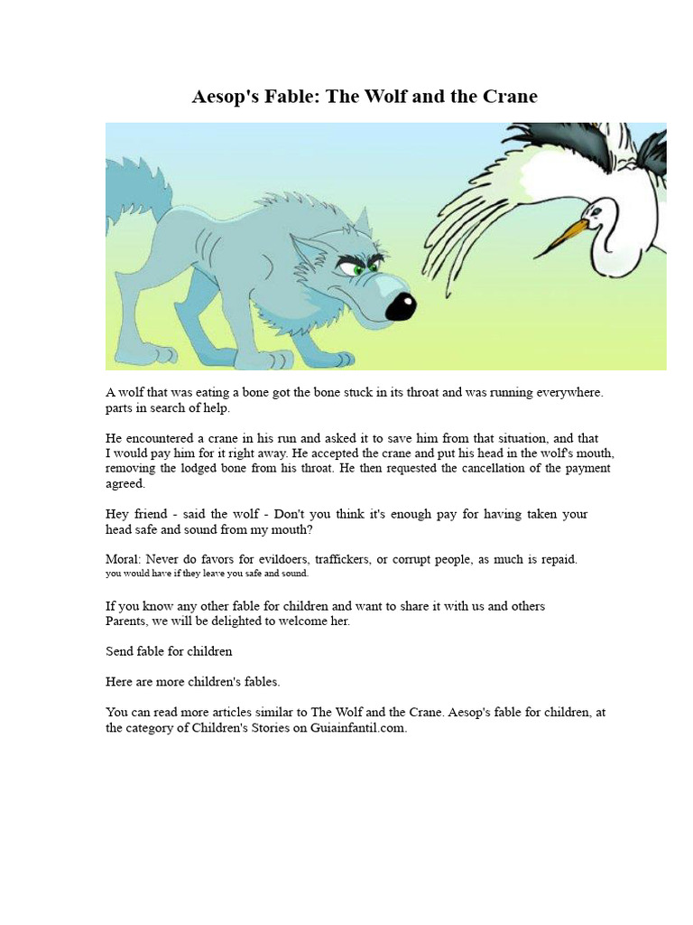 Aesop's Fable The Wolf and The Crane, The Donkey and The Horse | PDF