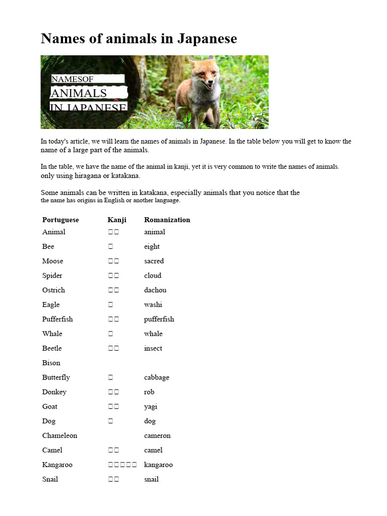 Japanese Animal Names Guide | PDF | Zoology