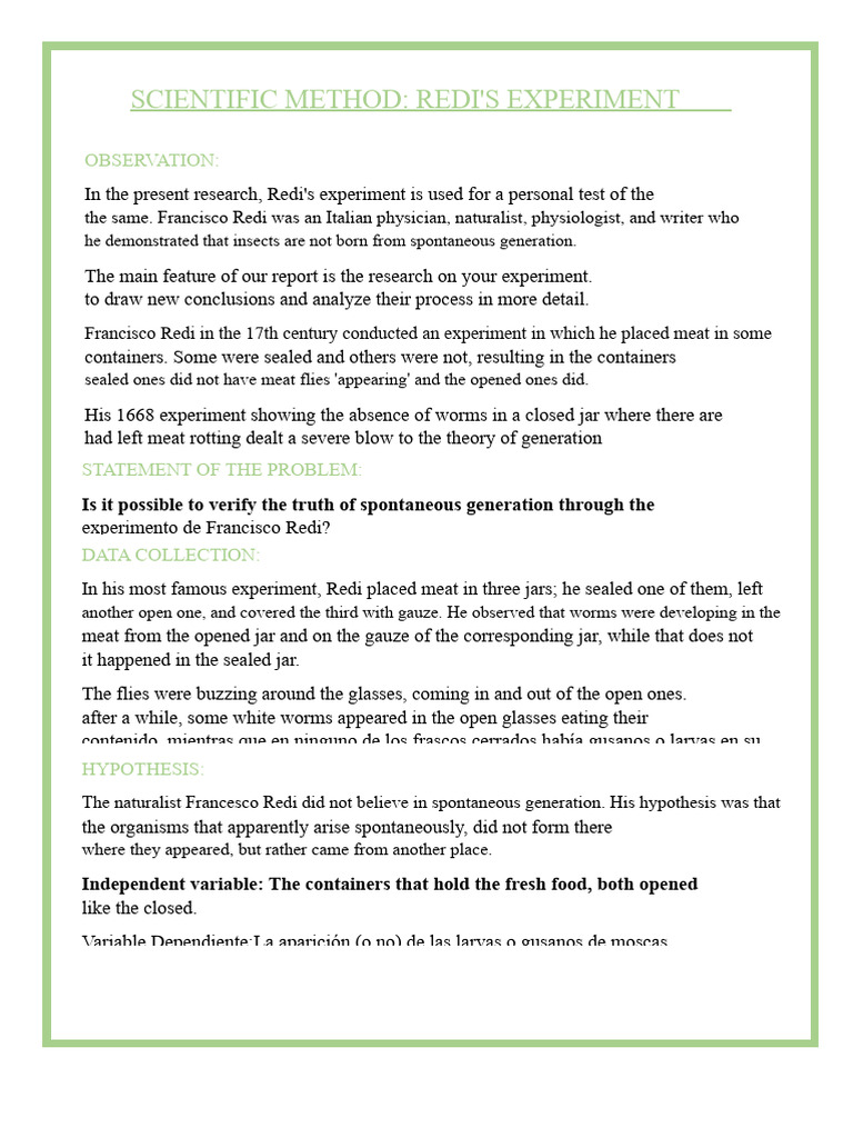 Redi's Experiment on Spontaneous Generation | PDF | Experiment | Science