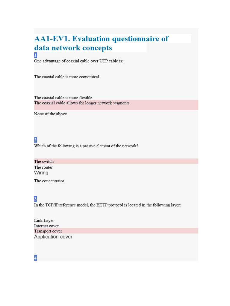 AA1-EV1. Questionnaire For Evaluating Data Network Concepts | PDF | Computer Network | Internet ...
