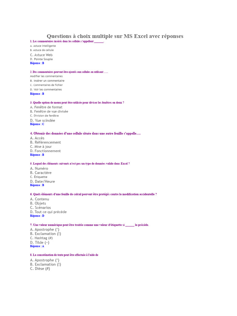 Quiz Excel : Questions à choix multiple | PDF | Microsoft Excel ...