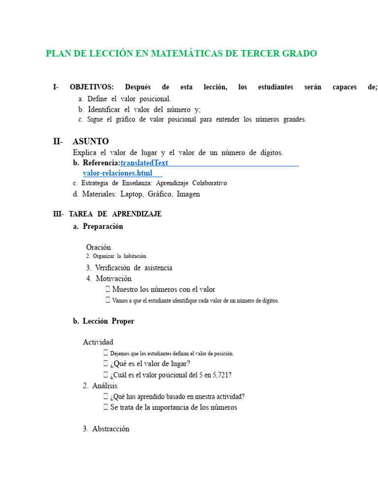 Lección de Valor Posicional para 3° Grado | PDF | Aprendizaje | Cognición