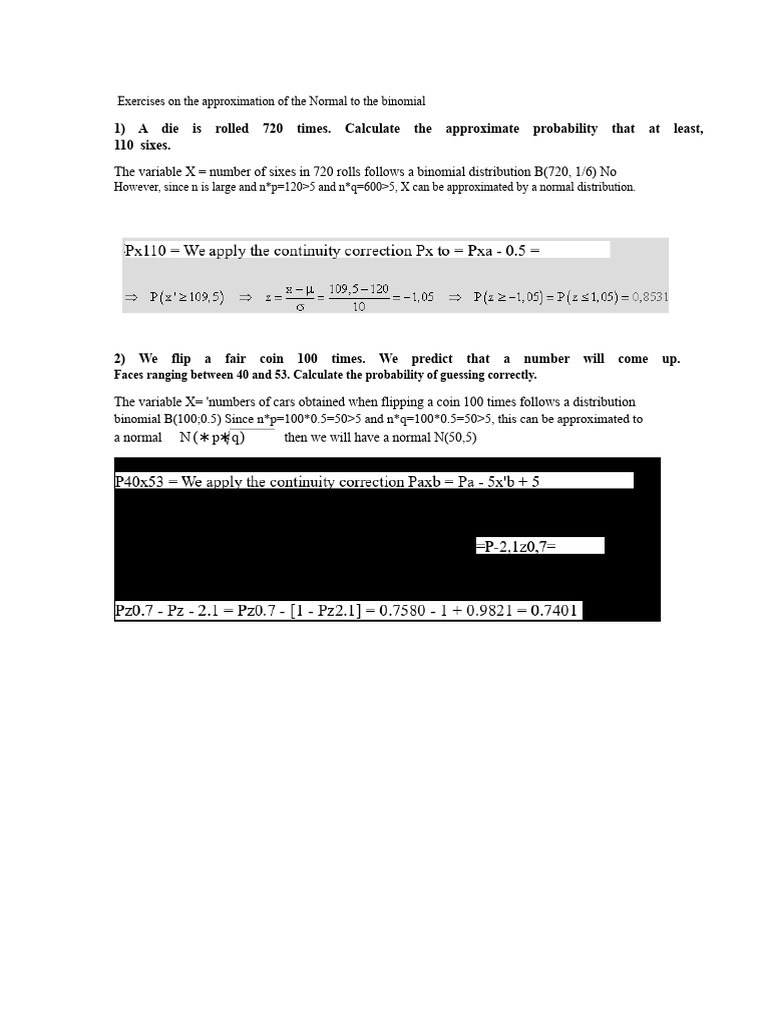 Exercises On The Approximation of The Normal To The Binomial | PDF | Normal Distribution ...