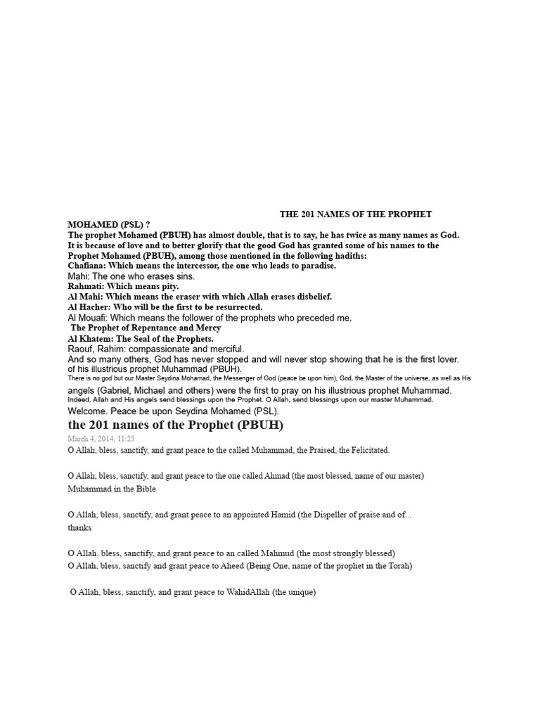The 201 Names of The Prophet Mohammed | PDF | Prophets And Messengers ...