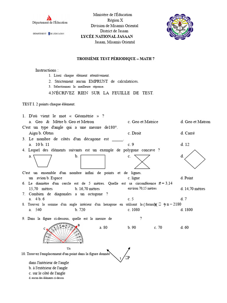 Test Périodique Math 7 - Géométrie | PDF | Géométrie euclidienne ...