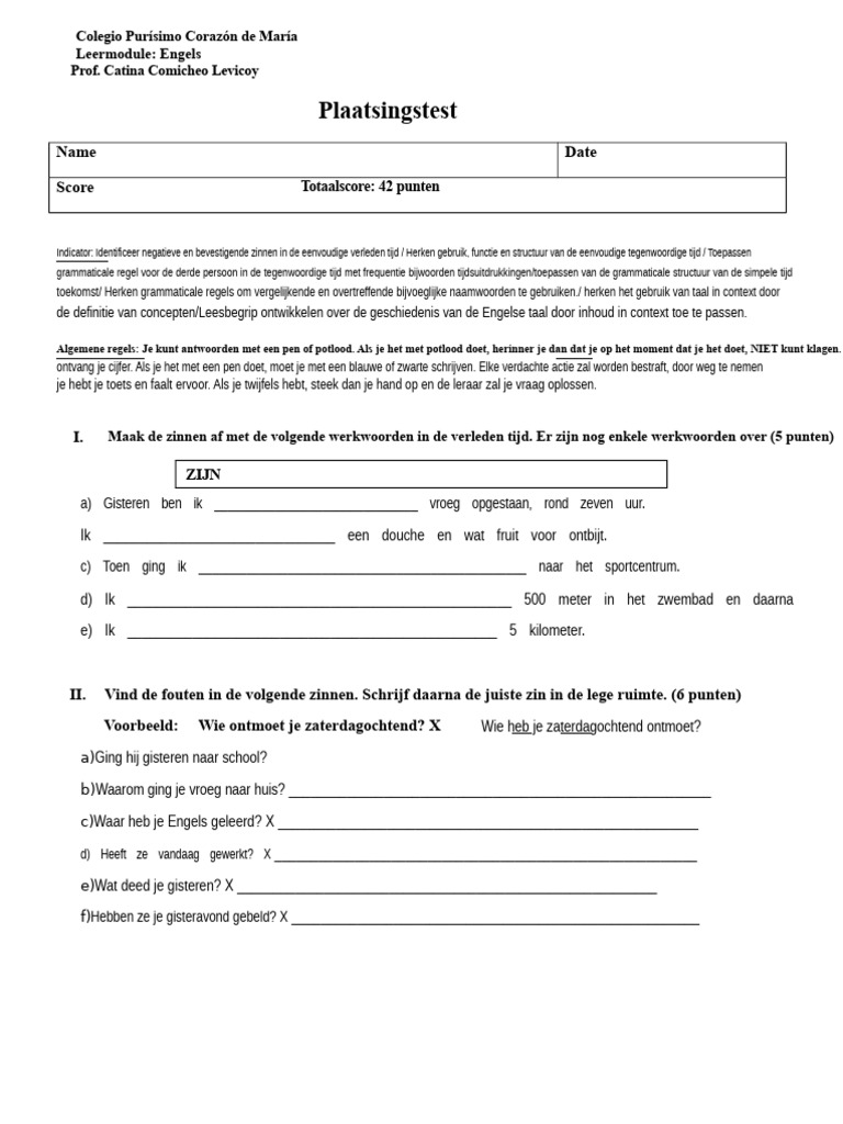 Diagnosetests Engels 1e Jaar | PDF