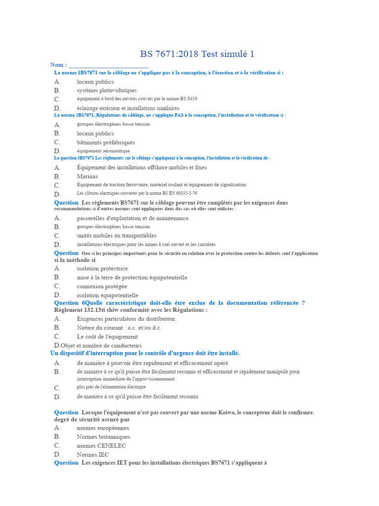 Test simulé BS 7671:2018 sur le câblage | PDF | Courant alternatif ...