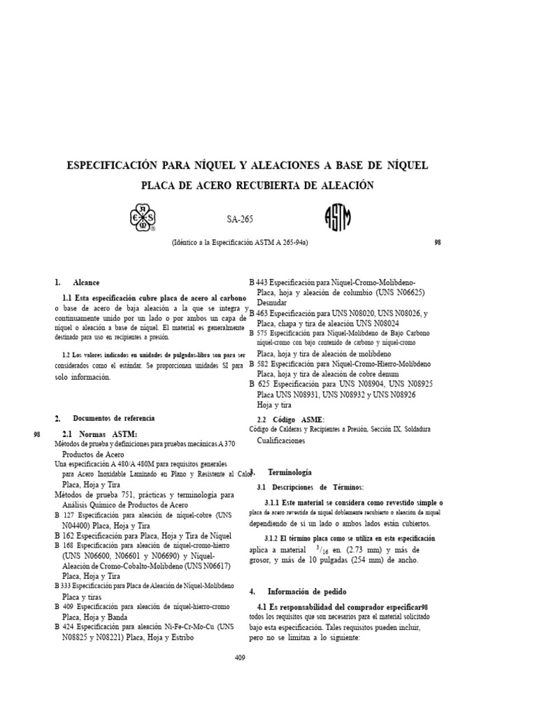 Asme Sa-265 Especificación para Placa de Acero Recubierta de Níquel y ...