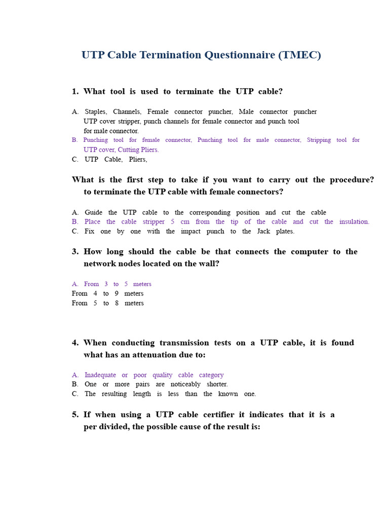 Termination and Testing Questionnaire For UTP Cable | PDF