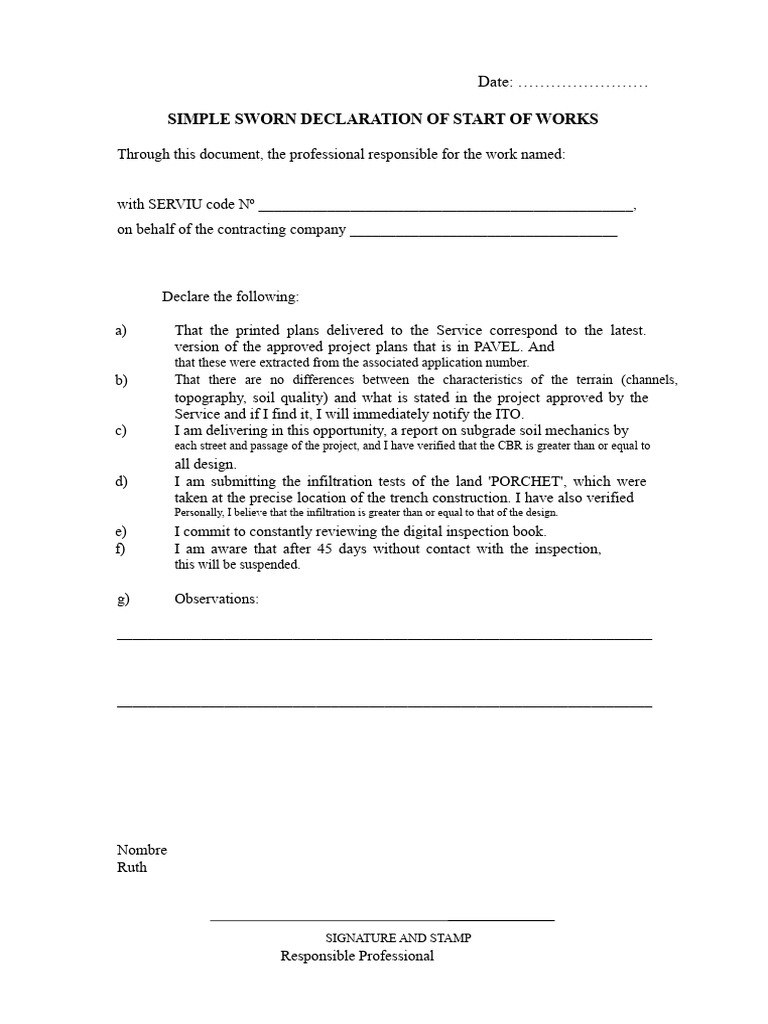 Simple Sworn Declaration for Work Start | PDF