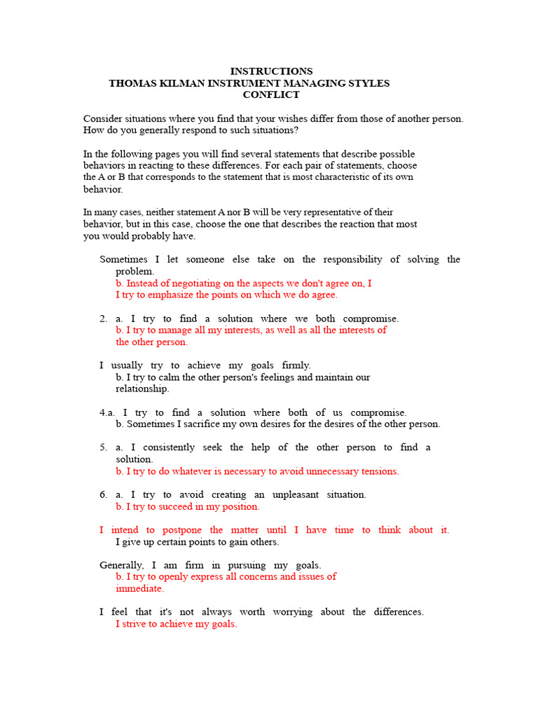 Kilmann Questionnaire For Conflict Management | PDF | Goal | Negotiation
