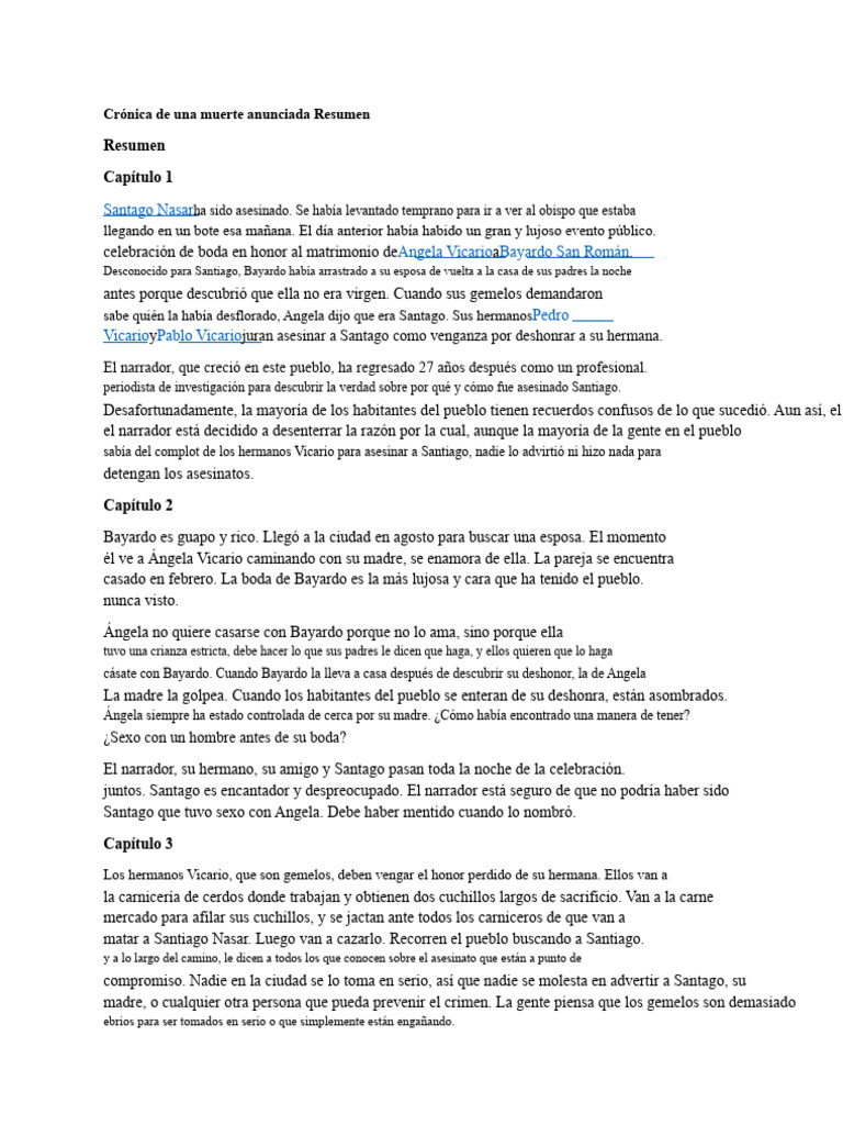 Resumen Capítulo 1: Santago Nasar Angela Vicario Bayardo San Román | PDF