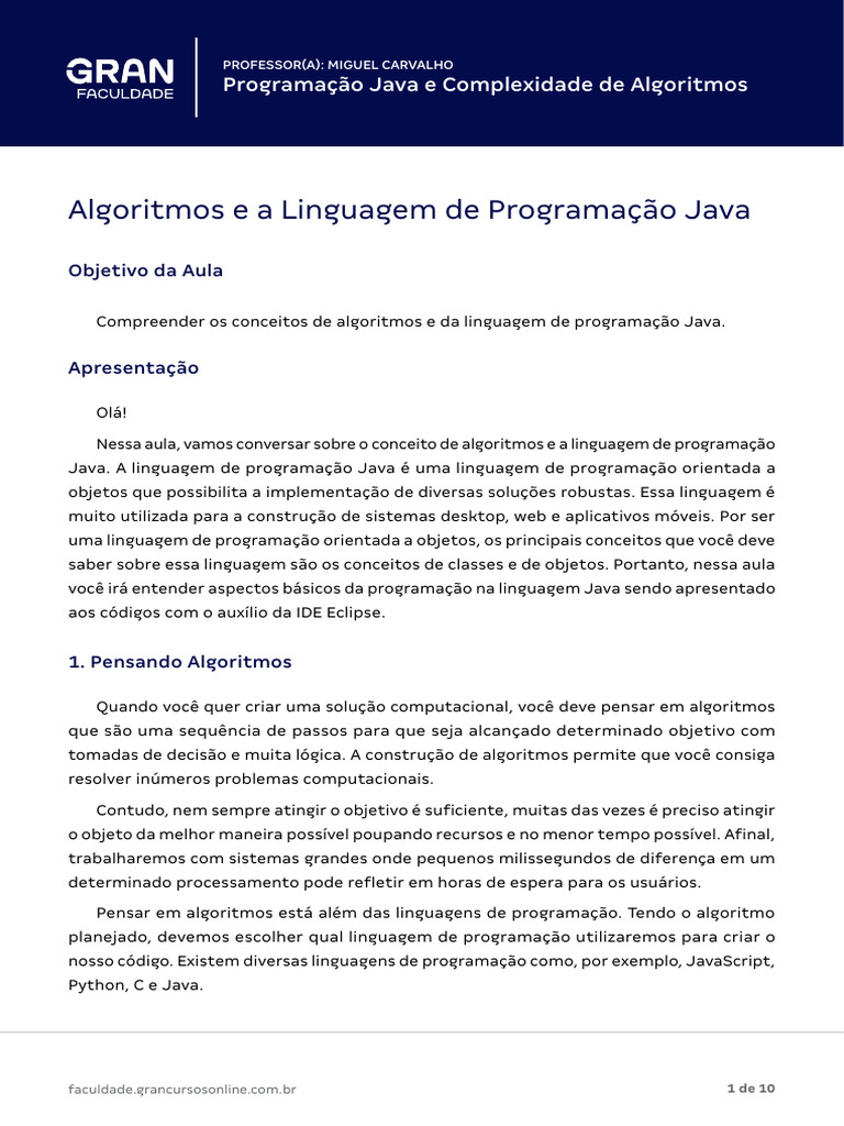 Apostila Algoritmos E A Linguagem De Programação Java Pdf