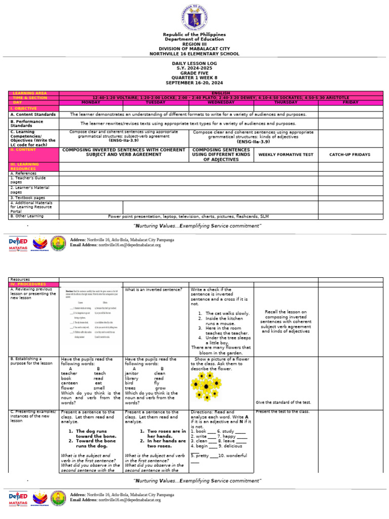 Grade 5 English Lesson Plan: Week 8 | PDF | Verb | Subject (Grammar)