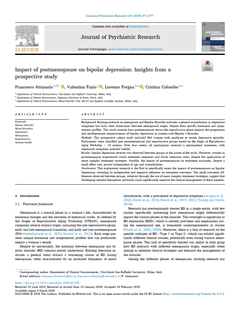 Journal of Psychiatric Impact of Postmenopause On Bipolar Depression ...