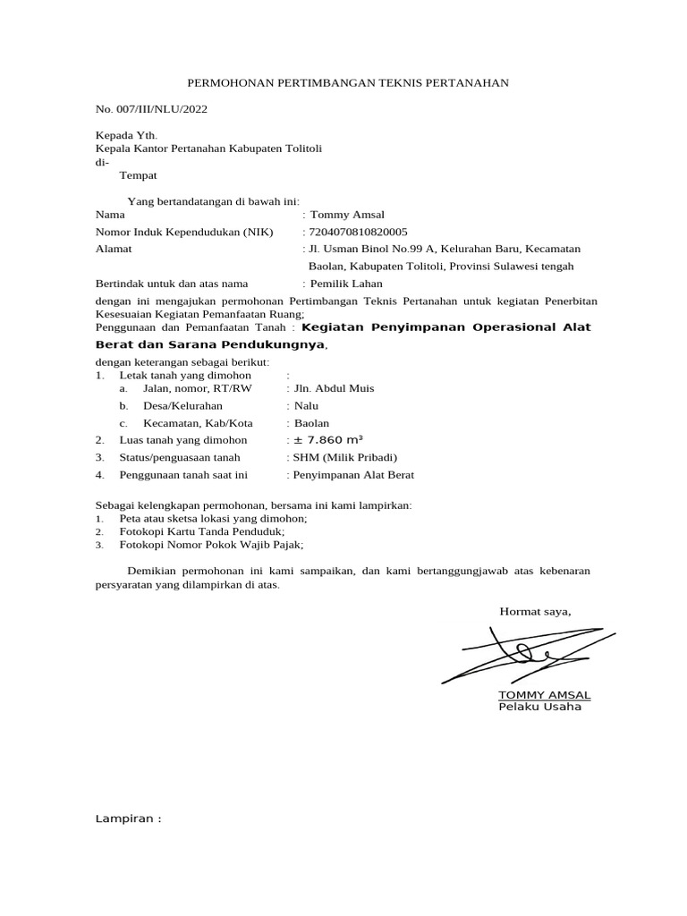 Surat Permohonan Pertek Pertanahan | PDF