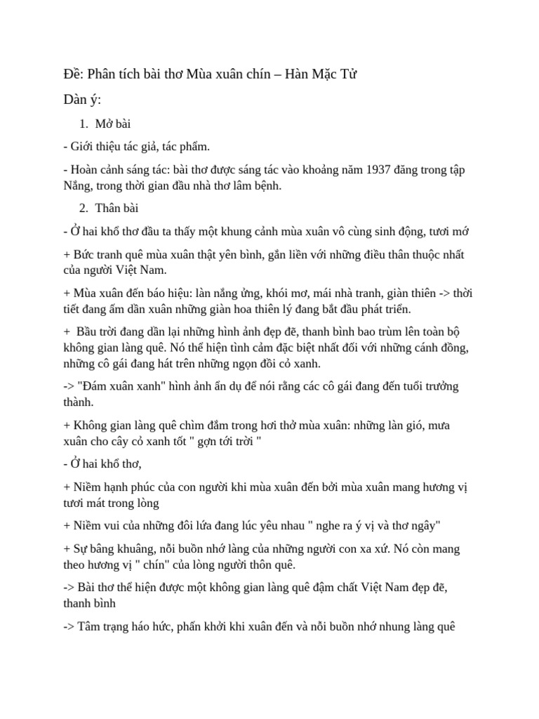 Phân Tích Bài Thơ Mùa Xuân Chính - Hàn Mặc Tử | PDF