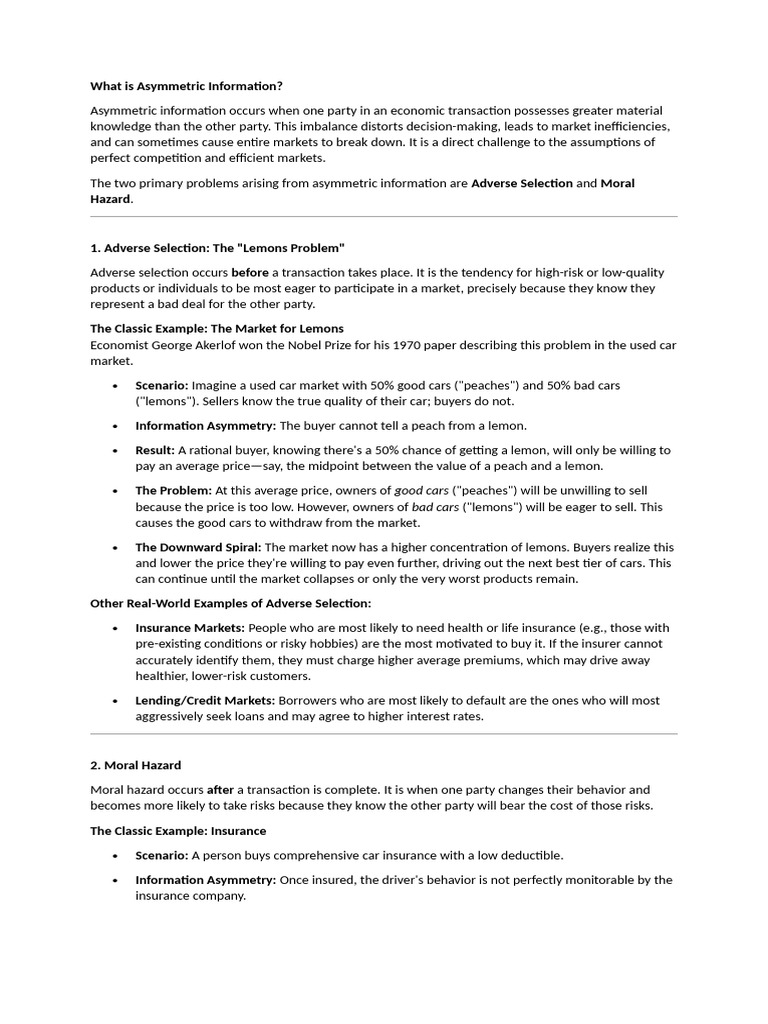 Understanding Asymmetric Information | PDF | Moral Hazard | Adverse ...