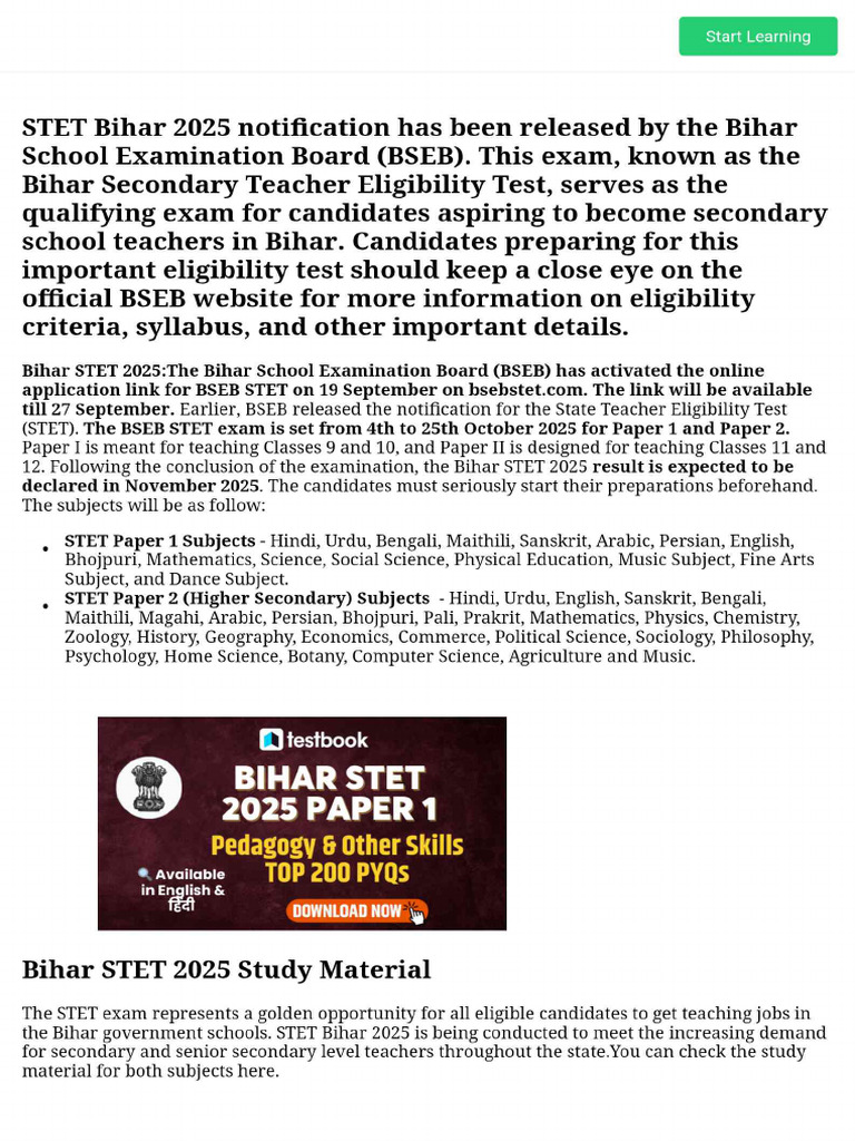Bihar STET Exam 2025exam Info | PDF
