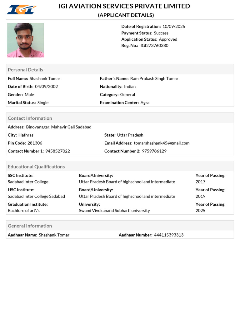 Application Status Shashank Tomar 1010261757522426 | PDF