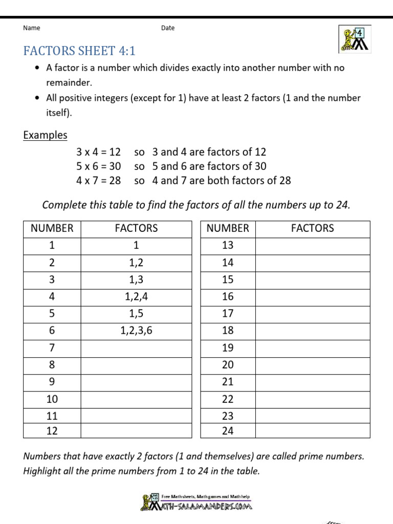 Factors Worksheet 4 1 | PDF