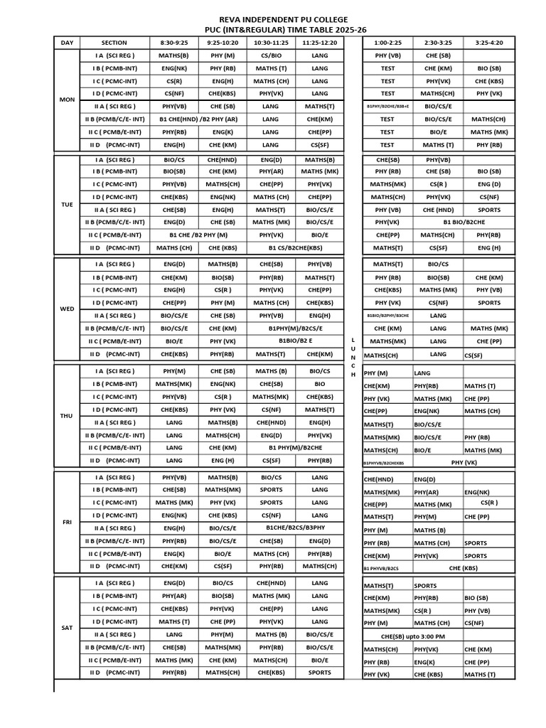 Science Time Table 2025-26 UPDATED-1 | PDF