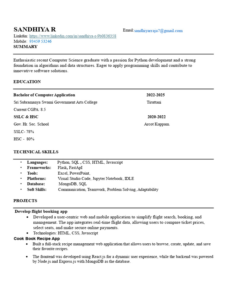 Sandhiya R Bca Python Developer (2025) | PDF