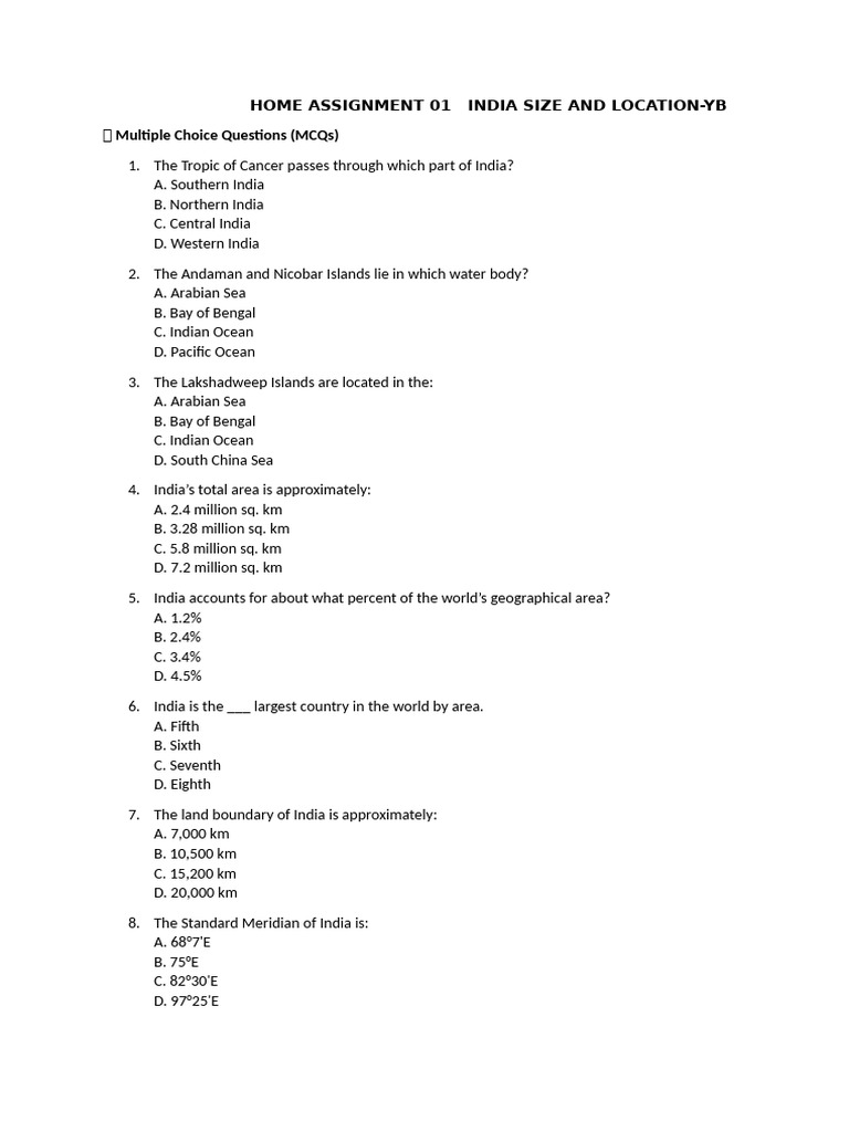 India Size and Location MCQs Guide | PDF | Indian Ocean | Physical ...