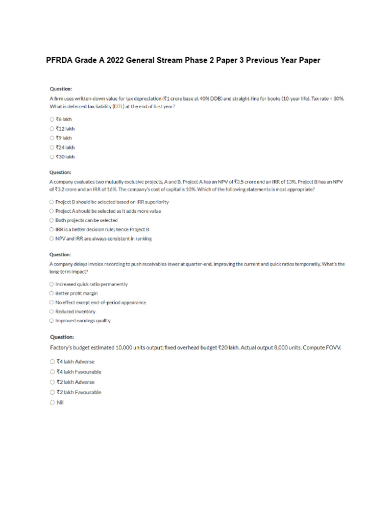 PFRDA Grade A 2022 General Stream Phase 2 Paper 3 Previous Year Paper | PDF