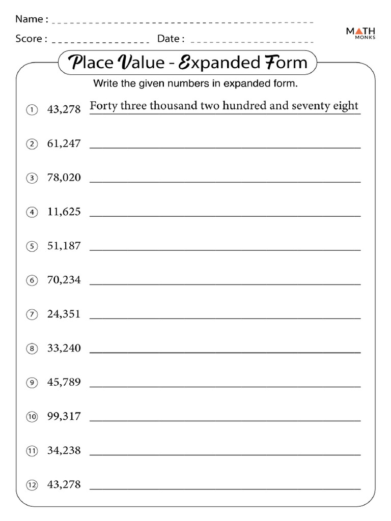 Place Value Expanded Form Worksheets 4th Grade | PDF