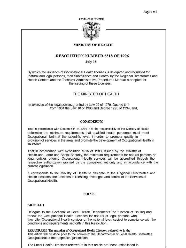 Resolution 2318 of 1996 - Issuance of Licenses in Occupational Health ...