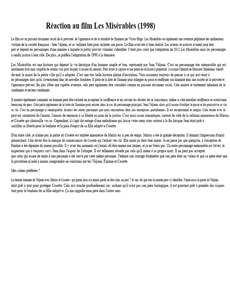 Réaction Sur Le Film Les Misérables (1998) | PDF | Les misérables ...
