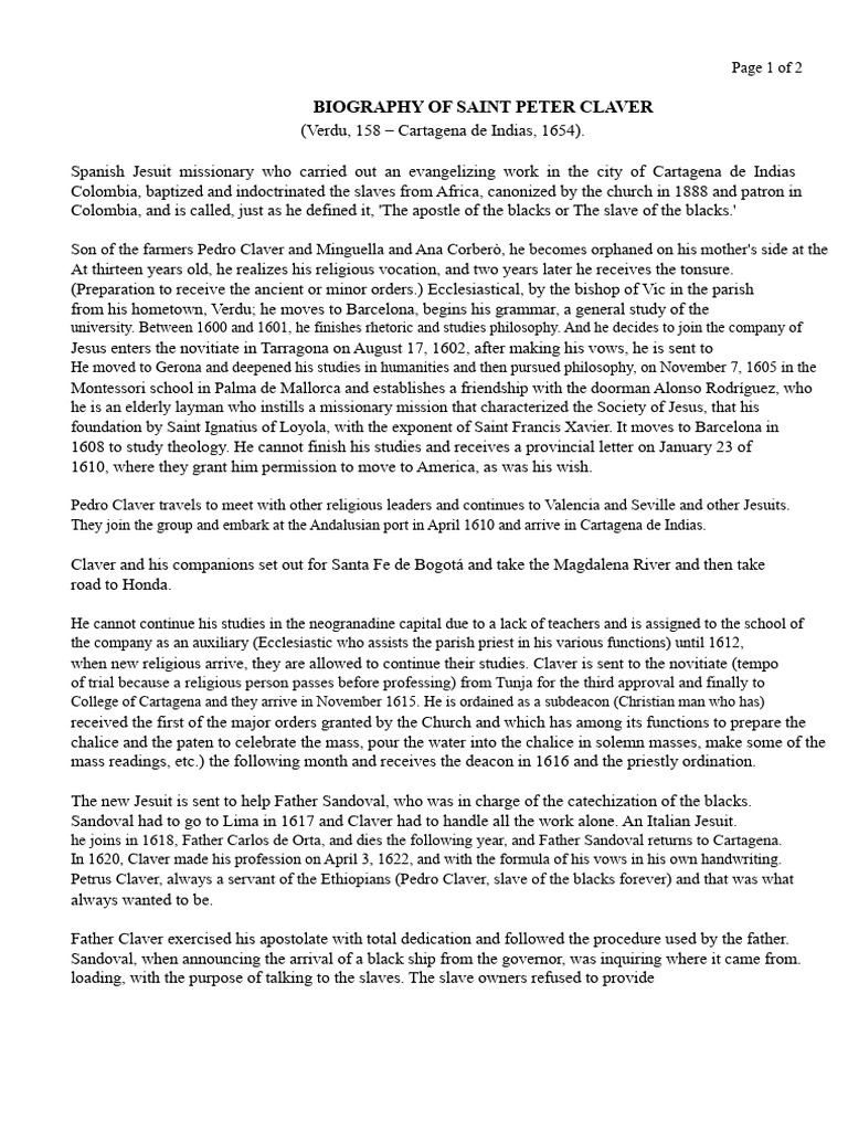 Biography of Saint Peter Claver | PDF | Catholic Church