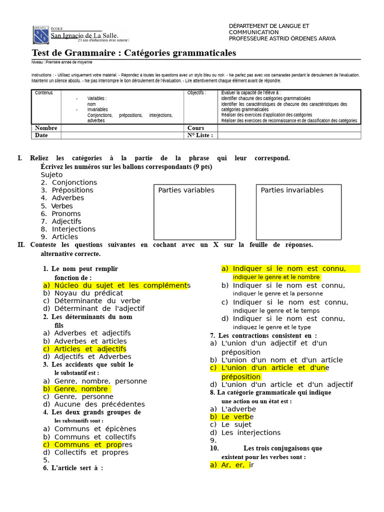 Test de Grammaire : Catégories grammaticales | PDF | Nature (grammaire ...