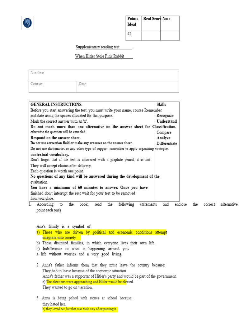 When Hitler Stole Pink Rabbit With Response | PDF | Multiple Choice