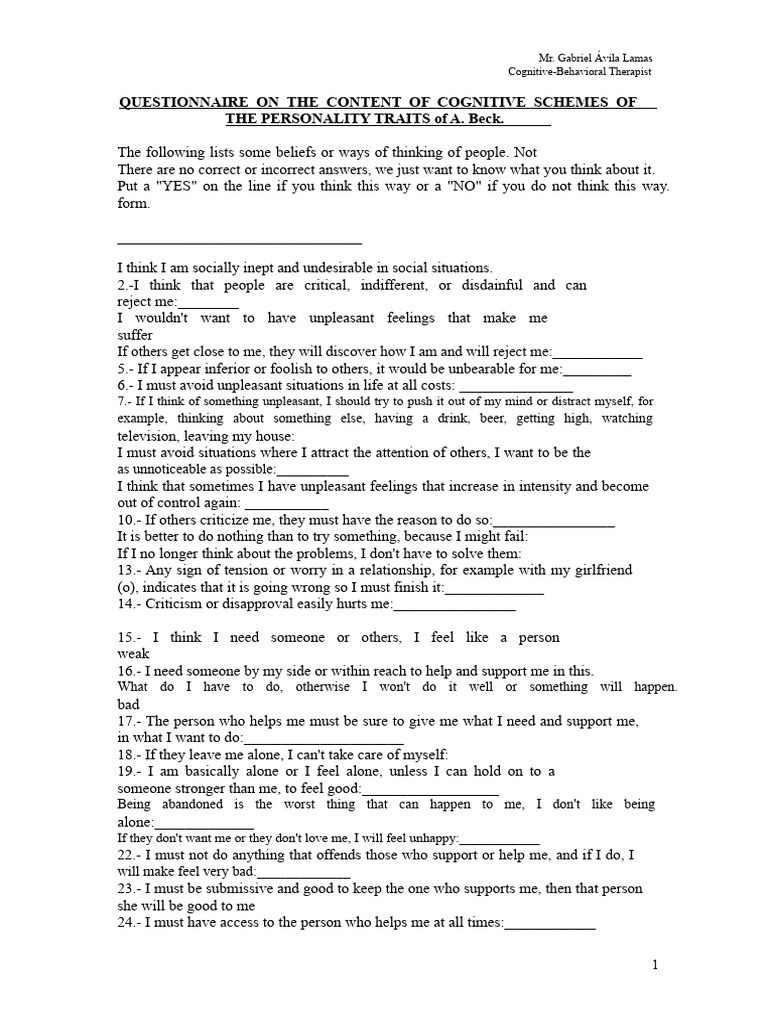 Questionnaire On The Cognitive Schemas of Personality Traits by A. Beck ...