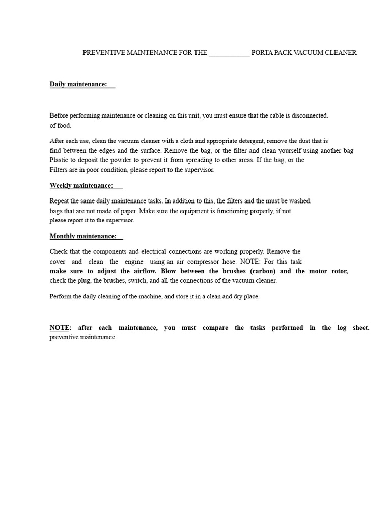 Preventive Maintenance For The Vacuum Cleaner | PDF