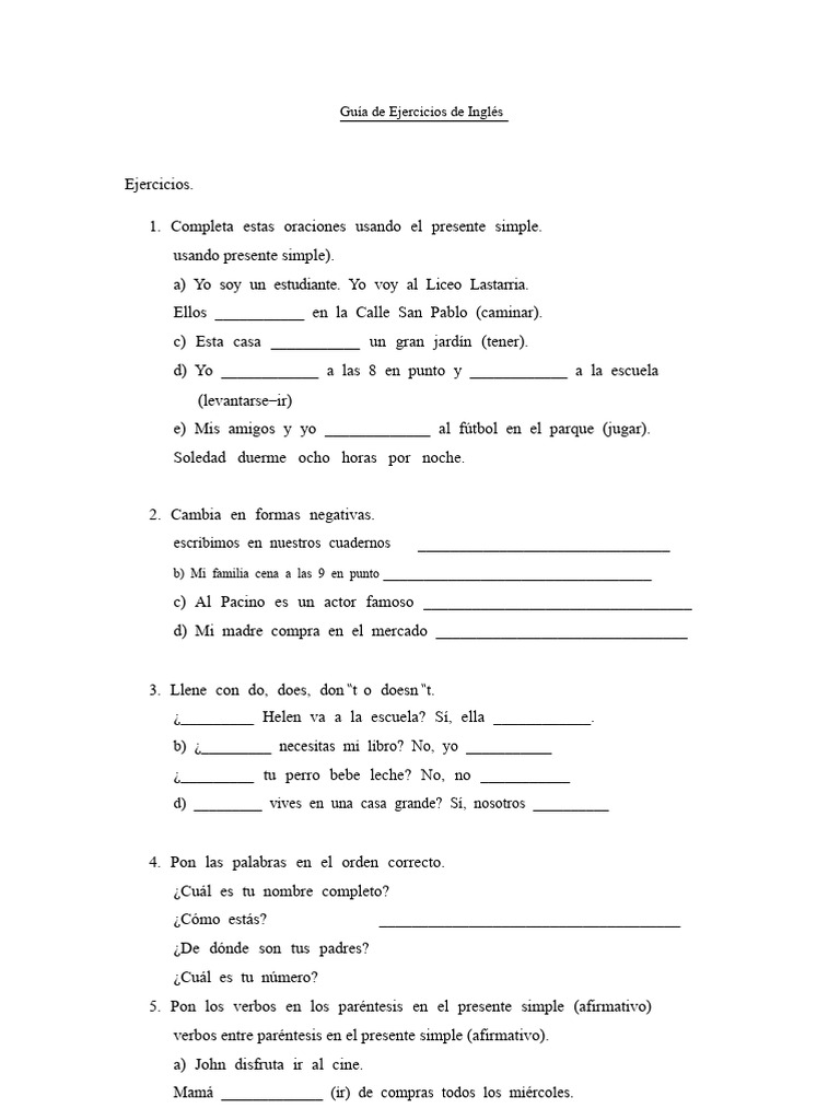 Ejercicios de Inglés: Presente Simple y Continuo | PDF | Verbo ...