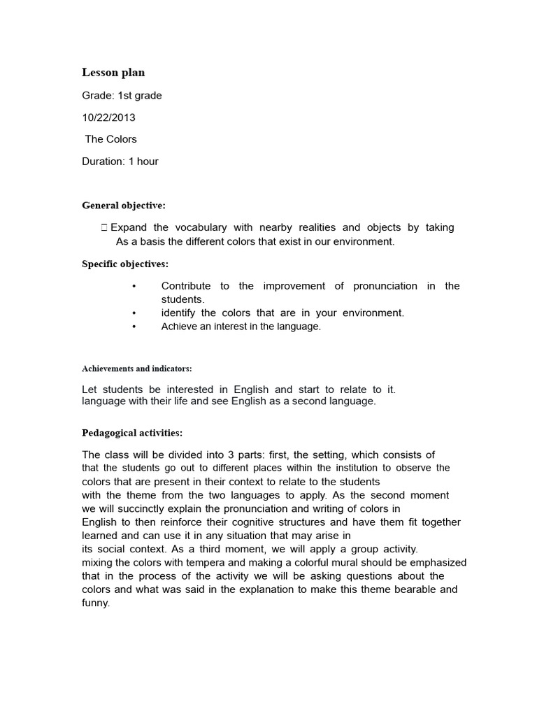 1st Grade Colors Lesson Plan | PDF | English Language | Linguistics