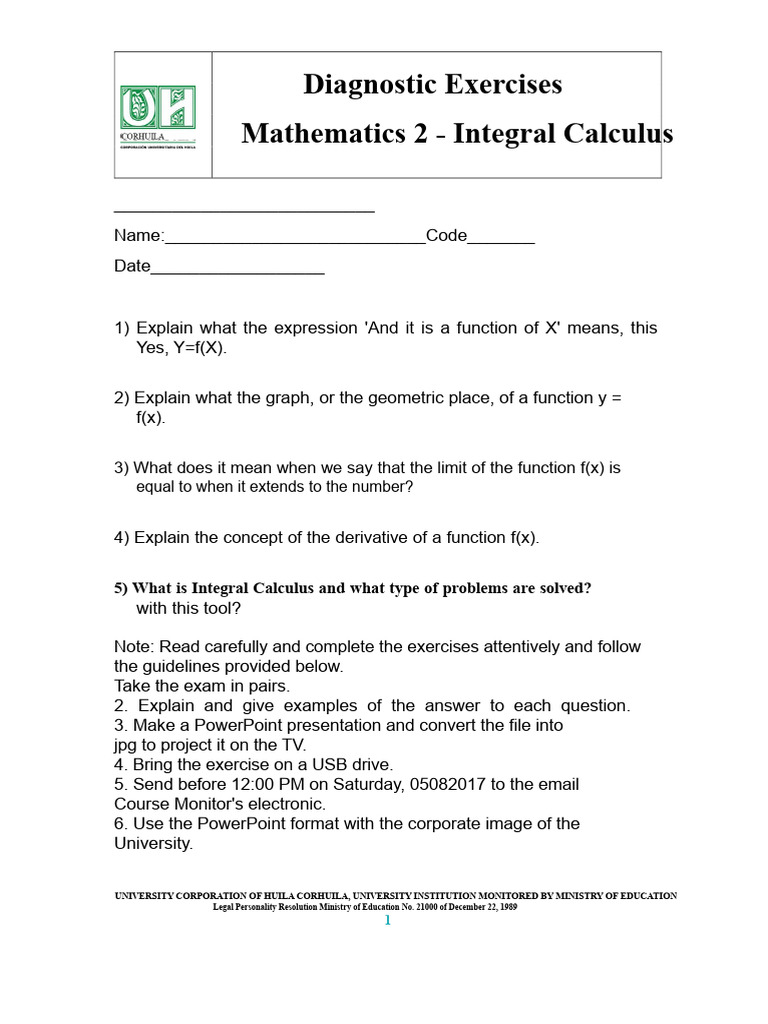 Diagnostic Exam Integral Calculus | PDF
